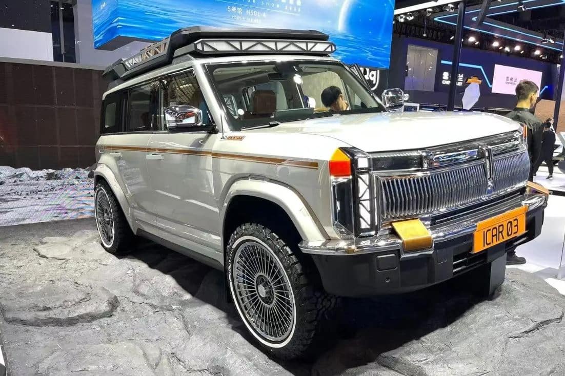 Chery's iCar 03 all-electric hardcore SUV with solar panels at the 2023 ...