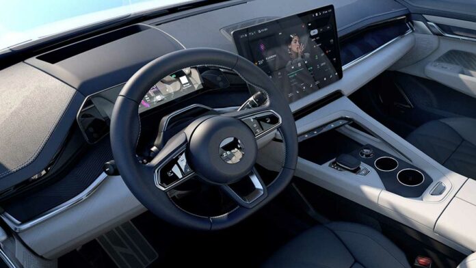 Zeekr CS1E sedan interior exposed with three screens. One of them can move